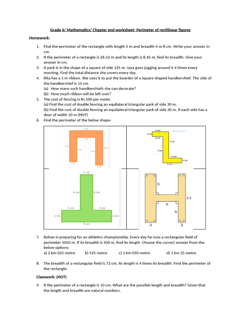 Grade 4/ Mathematics/ Chapter End Worksheet-Perimeter of Rectilinear ...