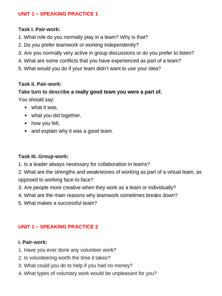 Teamwork and Volunteering Speaking Practice | PDF