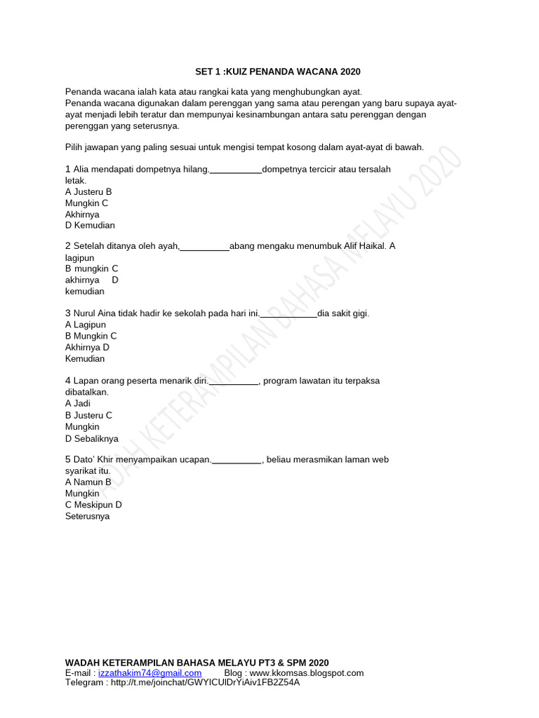Kuiz Penanda Wacana Bahasa Melayu 2020 | PDF