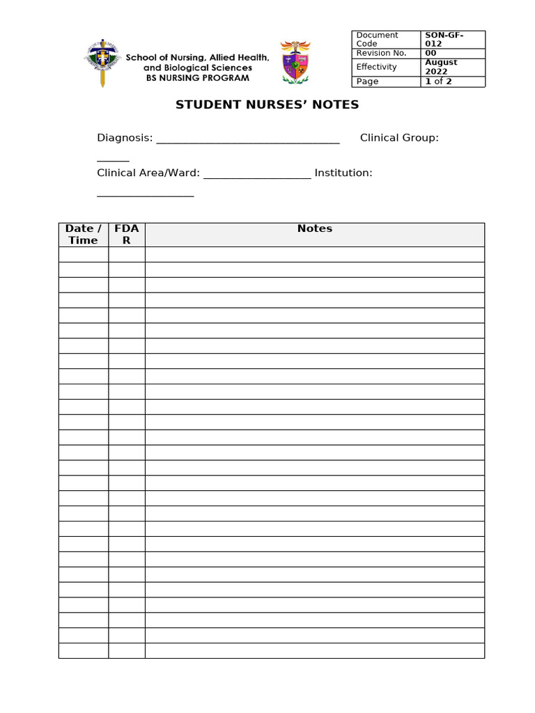 SON GF 012 Nurses Notes | PDF