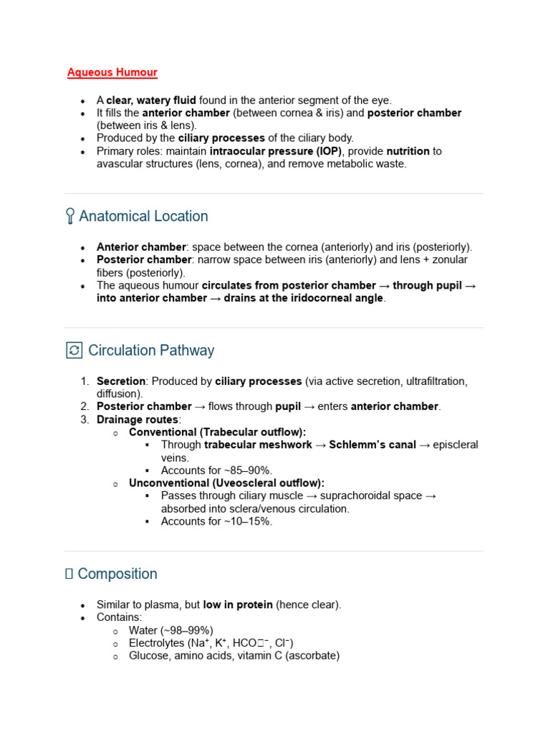 Aqueous Humour Vitrous Humor Anterior Chamber Posterior Chamber and ...