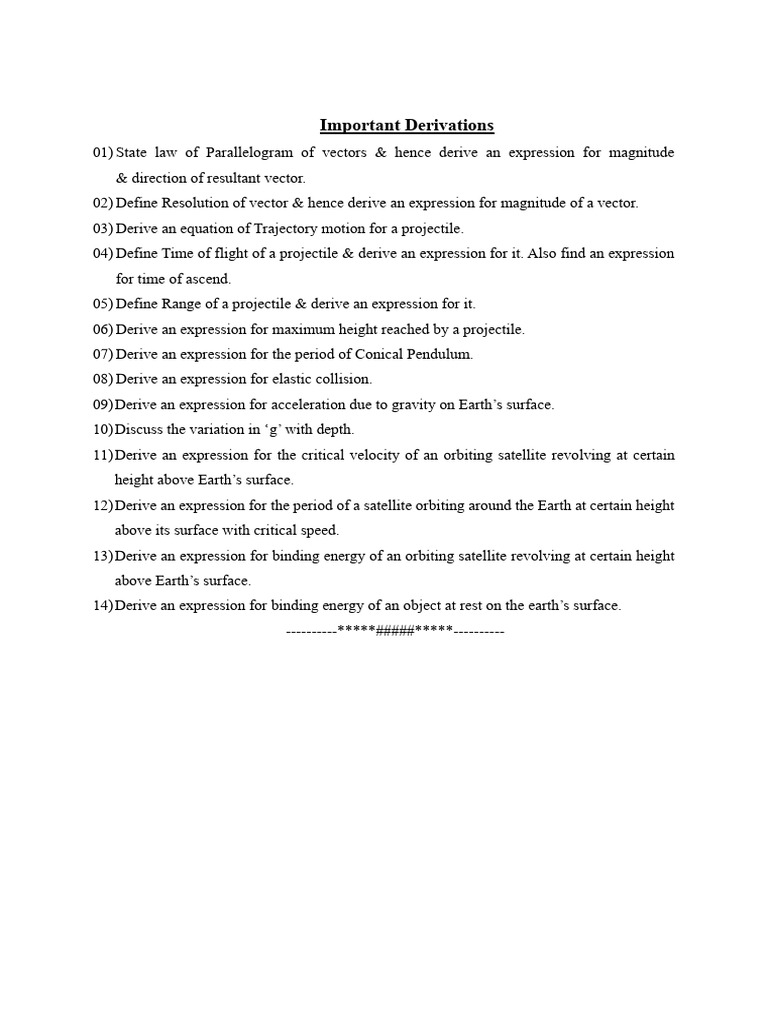 Important Derivations | PDF