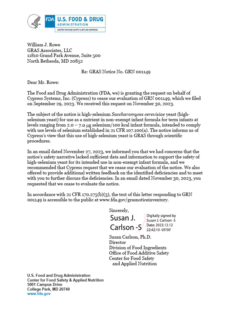 Gras Notice GRN 1149 Agency Response Letter | PDF | Food And Drug ...