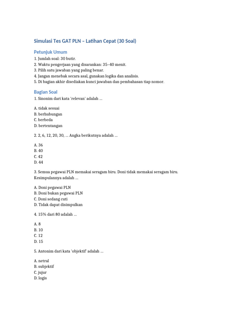 Simulasi Latihan Tes GAT PLN 30 Soal | PDF