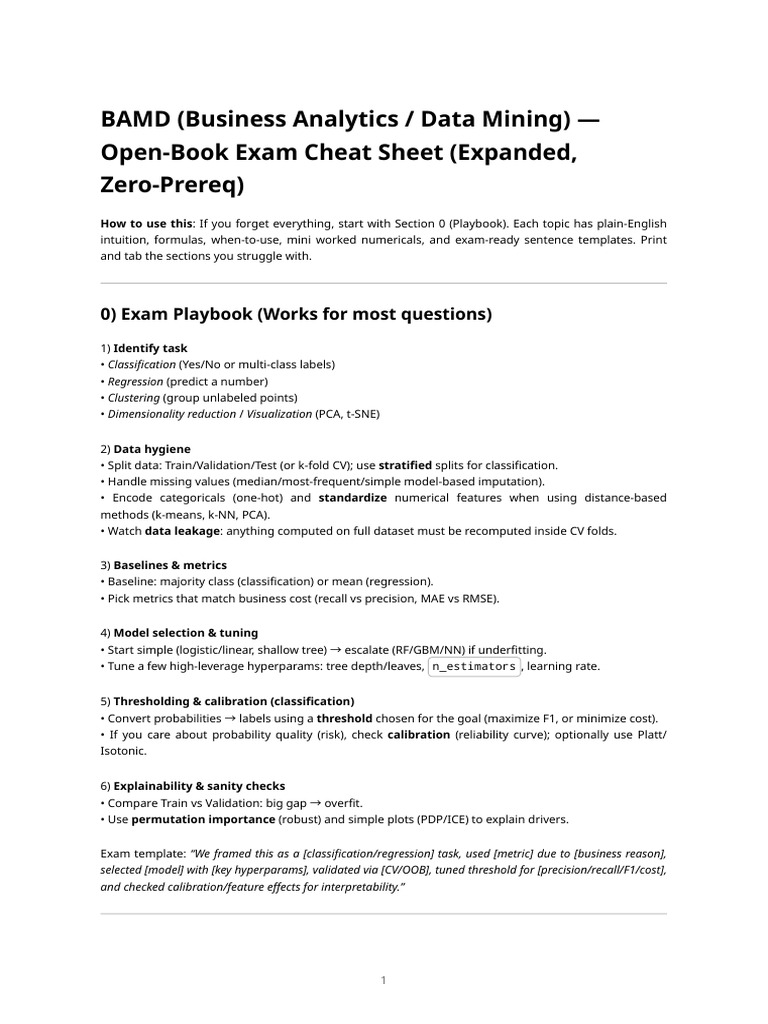 BAMD Open-Book Exam Cheat Sheet | PDF | Cluster Analysis ...