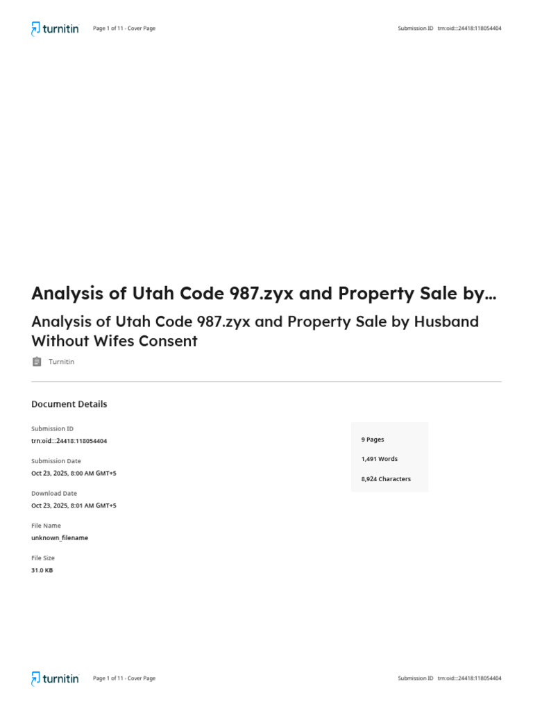AI - Analysis of Utah Code 987.zyx and Property Sale by Husband Without ...