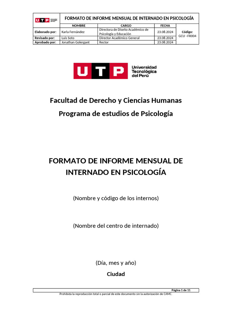 GCU-FR004 Formato Del Informe Mensual de Internado en Psicología v02 | PDF | Sicología ...