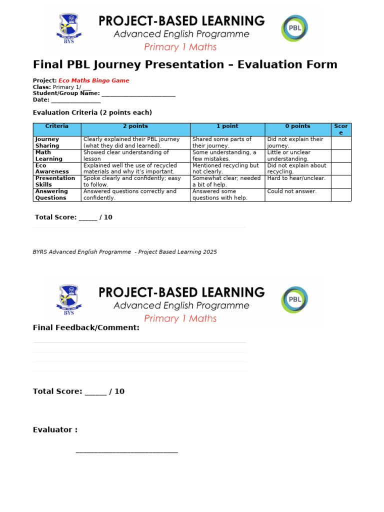 PBL Final Presentation Evaluation | PDF