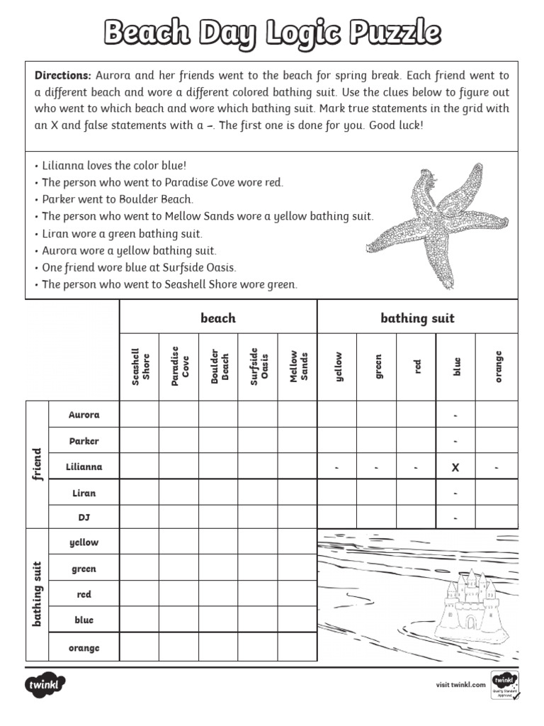 BW Beach Day Logic Puzzle | PDF | Logic
