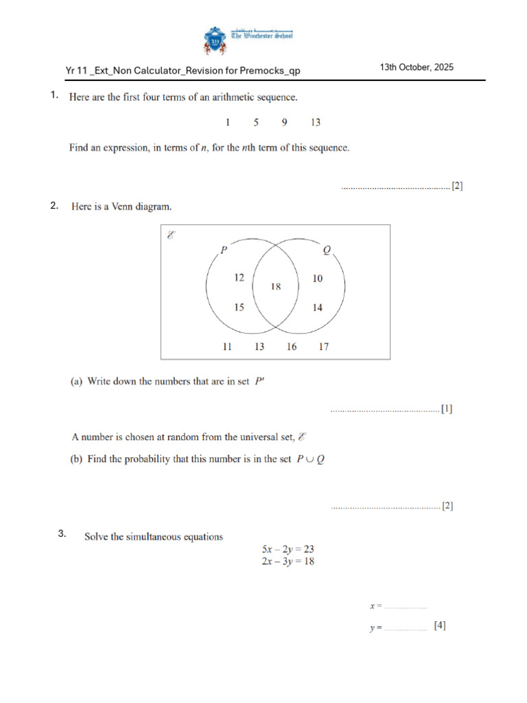 13th October Yr 11 Ext Non Calculator Revision 1 For Premocks QP | PDF