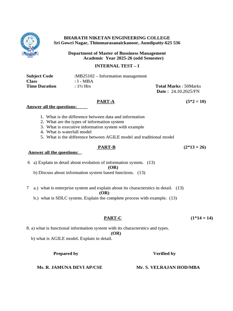 Internal Paper - I (Mba) | PDF