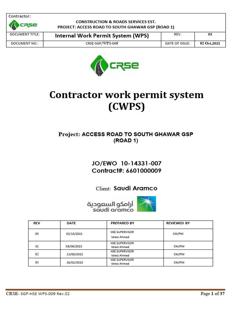 Crse Contractor Work Permit System Rev. 03 | PDF | Safety ...