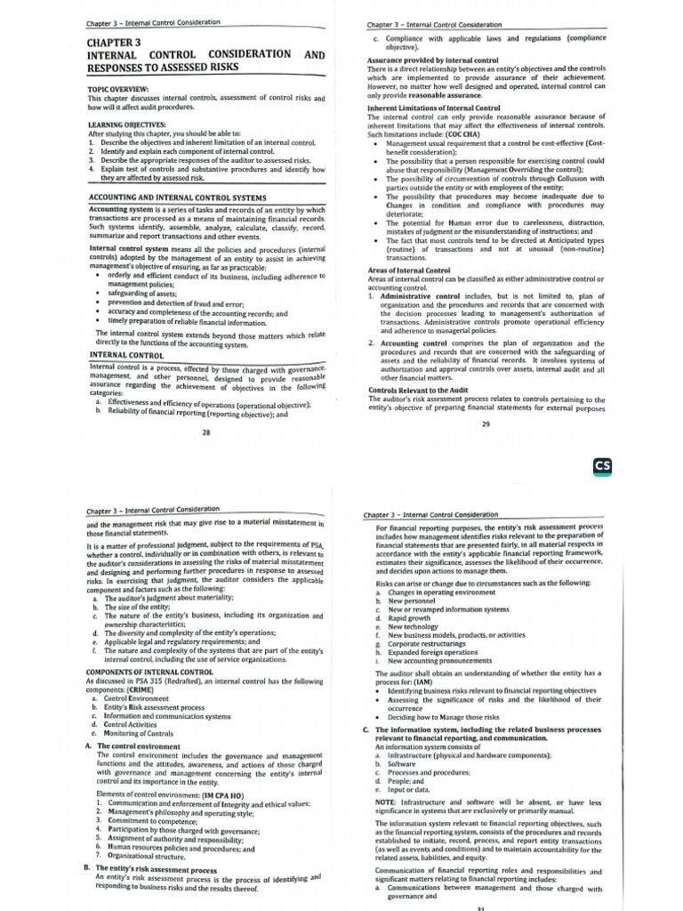 Chapter 3_ Internal Control Consideration and Responses to Assessed Risks | PDF