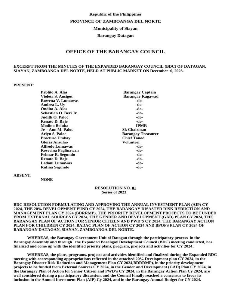 BDC Approving Resolution of Aip | PDF