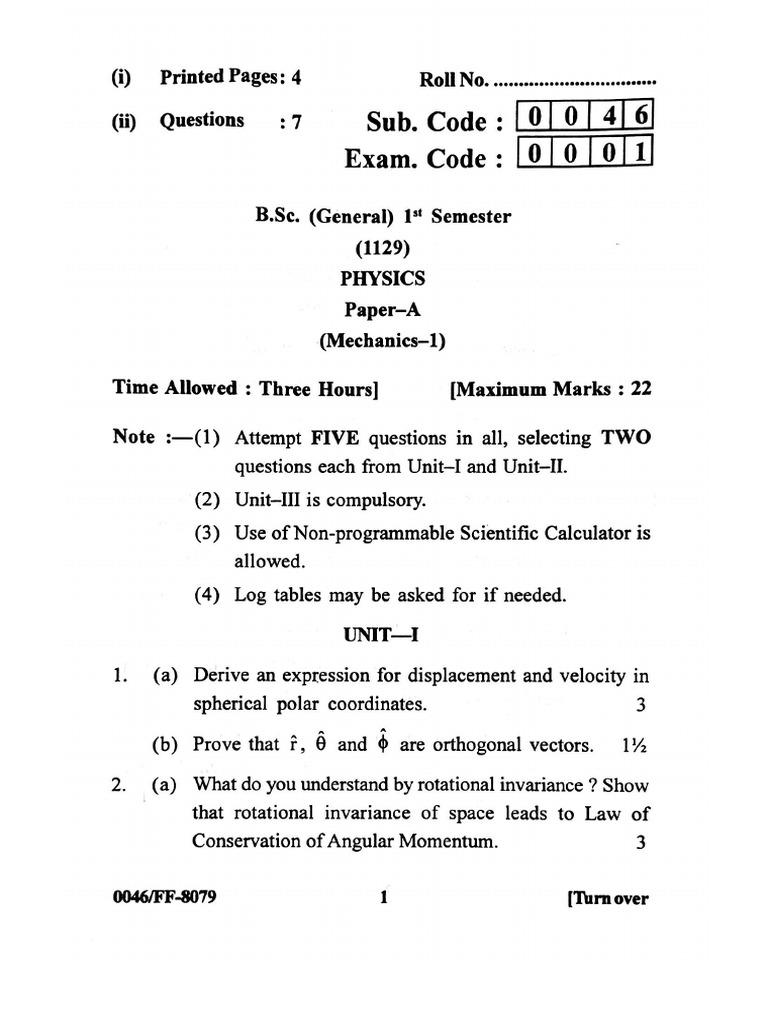 B.SC General 1st Sem Physics Paper-A Mechanics-1 Dec 2019 | PDF