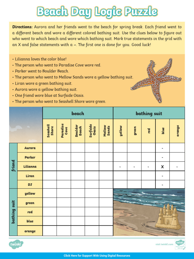 Beach Day Logic Puzzle Solution | PDF | Logic