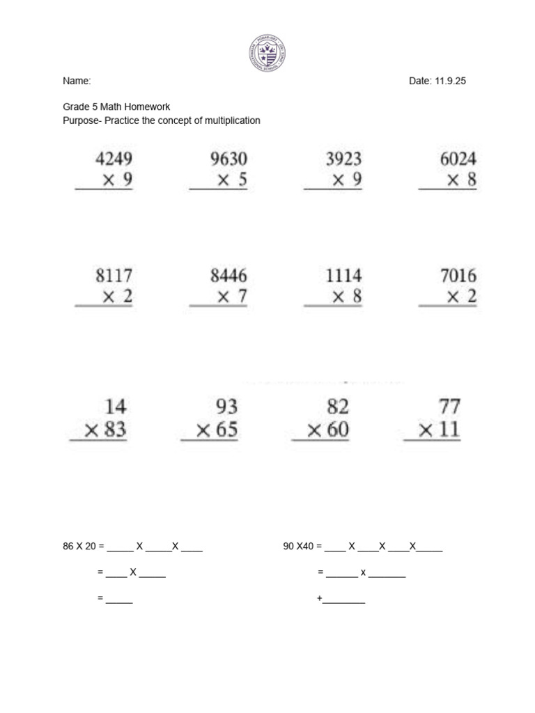 Grade 5 Multiplication Homework | PDF