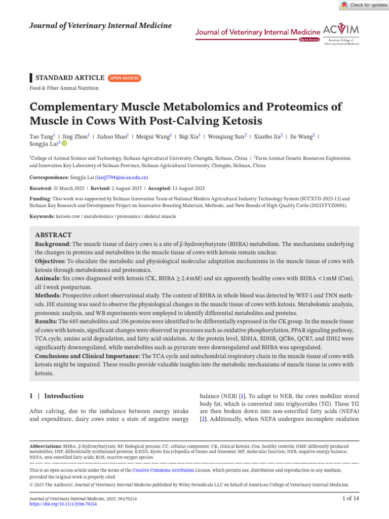 Veterinary Internal Medicine - 2025 - Tang - Complementary Muscle ...