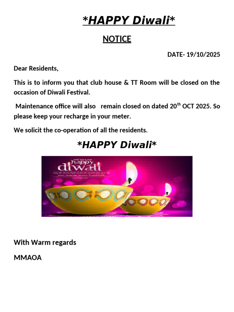 Diwali Closure Notice for Residents | PDF