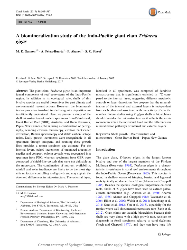 A Biomineralization Study of The Indo-Pacific Giant Clam Tridacna Gigas ...