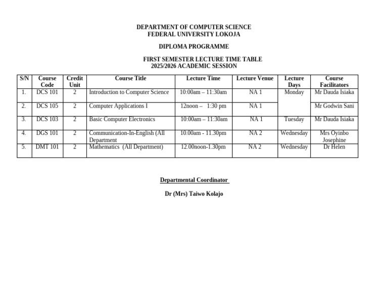 2025/2026 Computer Science Timetable | PDF