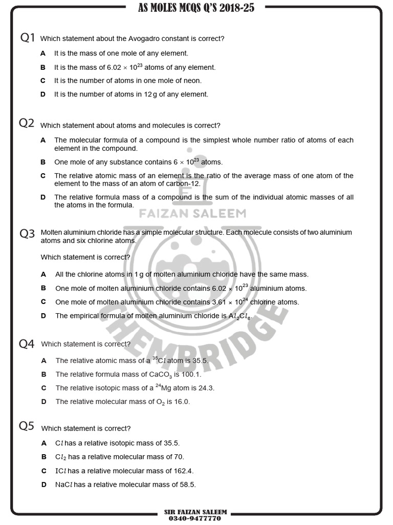 As Moles Mcqs | PDF | Chemical Reactions | Enthalpy