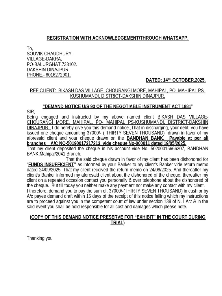 Demand Notice Bikash Das Ni Act 37000 October 2025 | PDF
