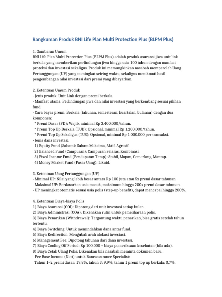 Rangkuman BNI Life Plan Multi Protection Plus | PDF
