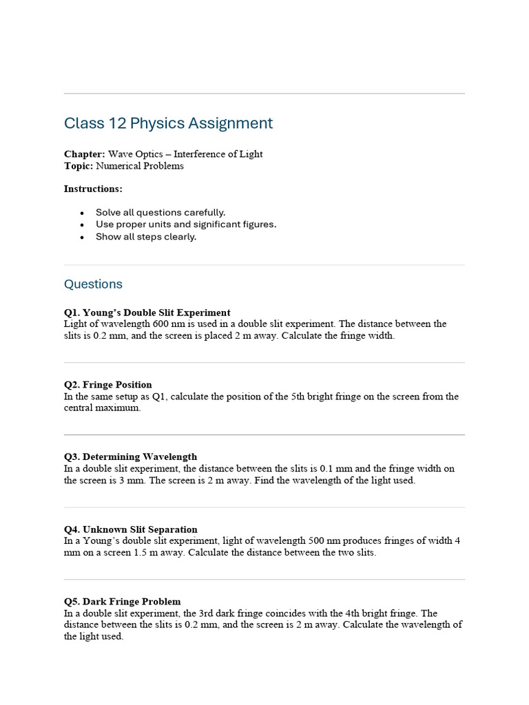 Class 12 Physics Assignment: Questions | PDF