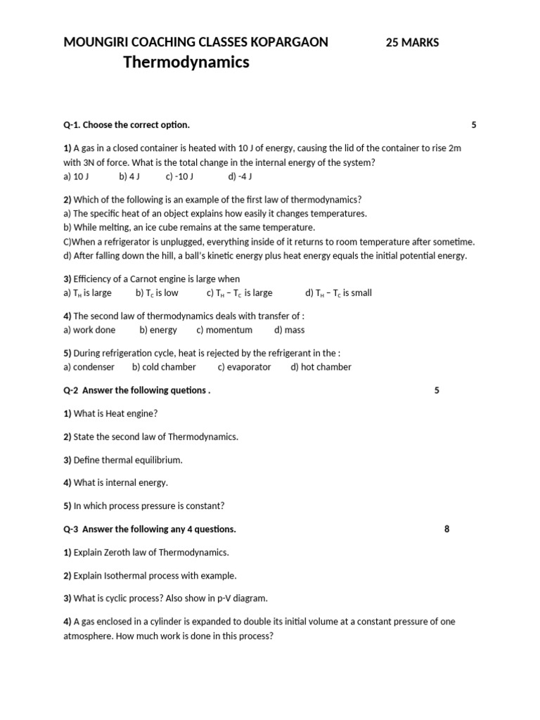 Thermodynamics Exam Questions and Answers | PDF | Heat | Temperature