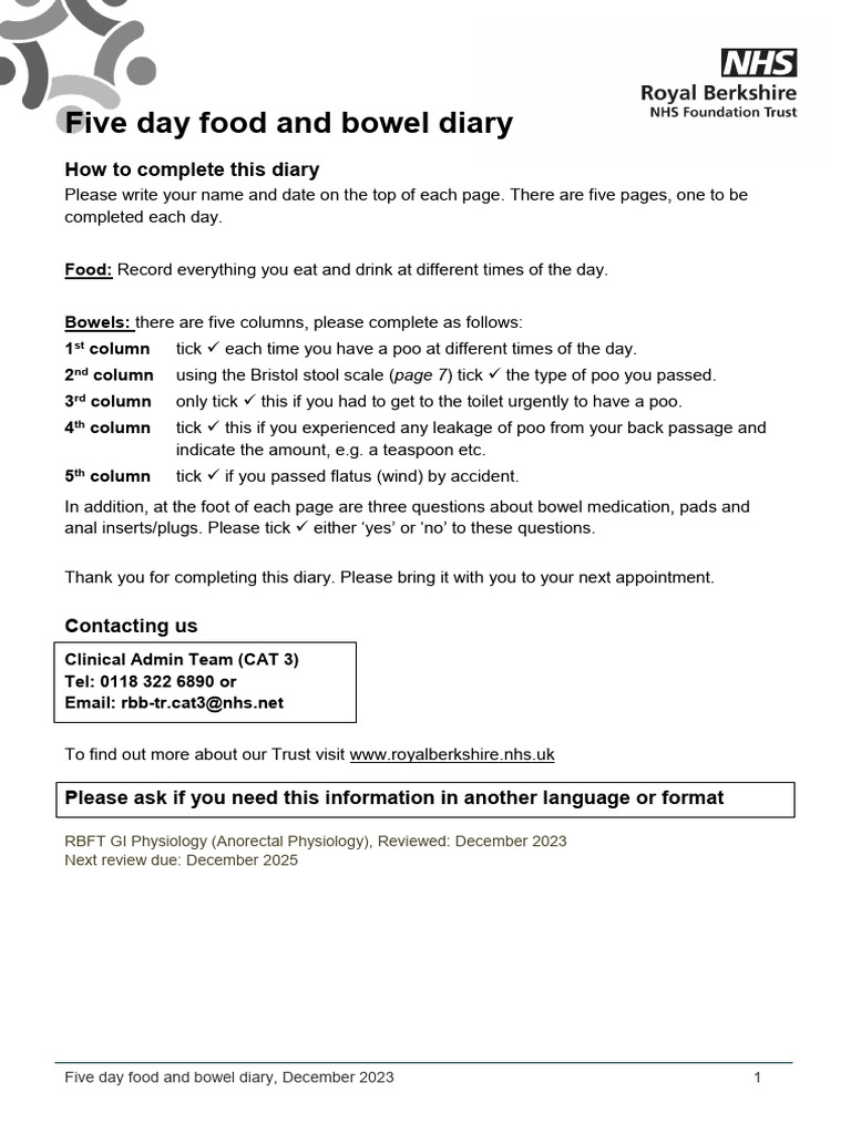 Five Day Food and Bowel Diary Dec23 | PDF | Lunch | Human Feces