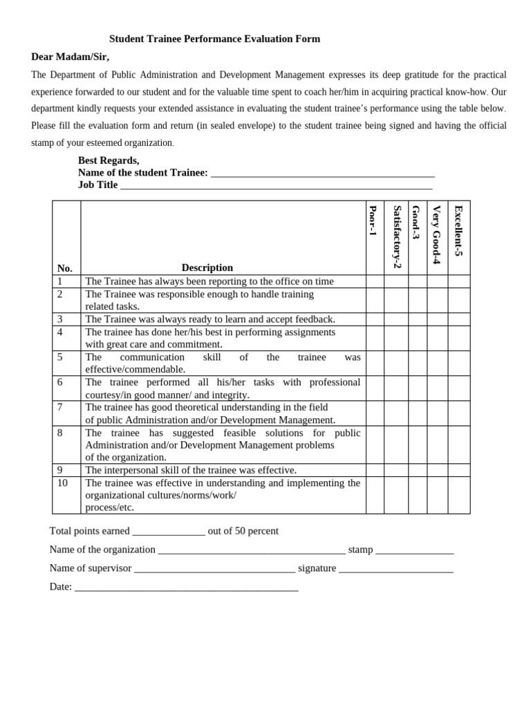 Student Trainee Performance Evaluation Form | PDF | Performance ...