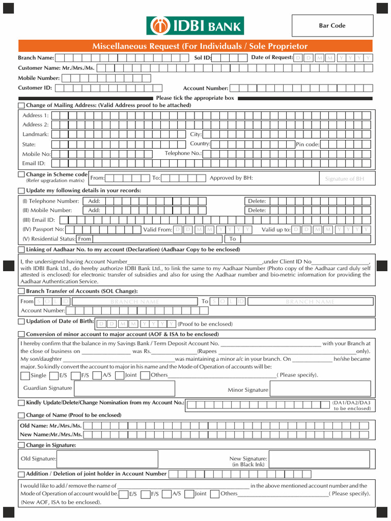 IDBI Bank Miscellaneous Request Form | PDF | Identity Document ...