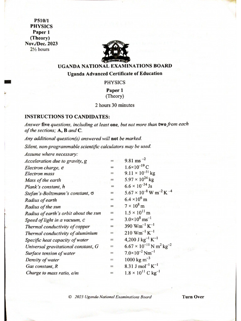Uace Physics Paper 1 2023 | PDF