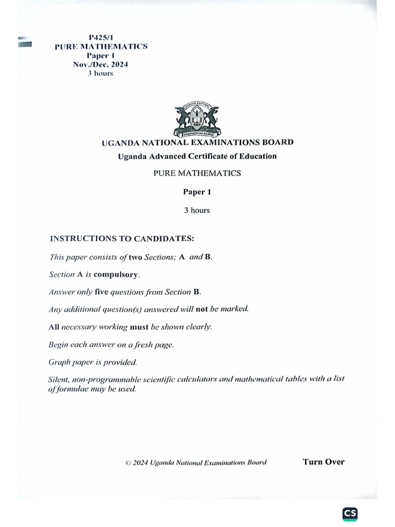 Uace 2024 Pure Mathematics Paper 1 | PDF