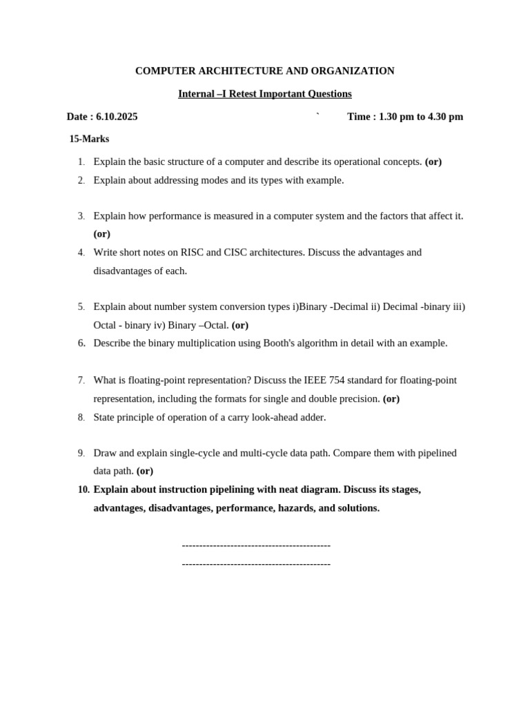 CAO Internal-I Retest Important Questions. | PDF