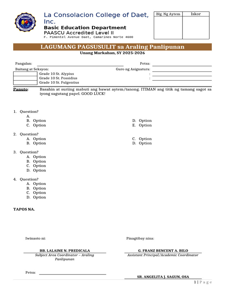 TQ Template ST - Araling Panlipunan | PDF