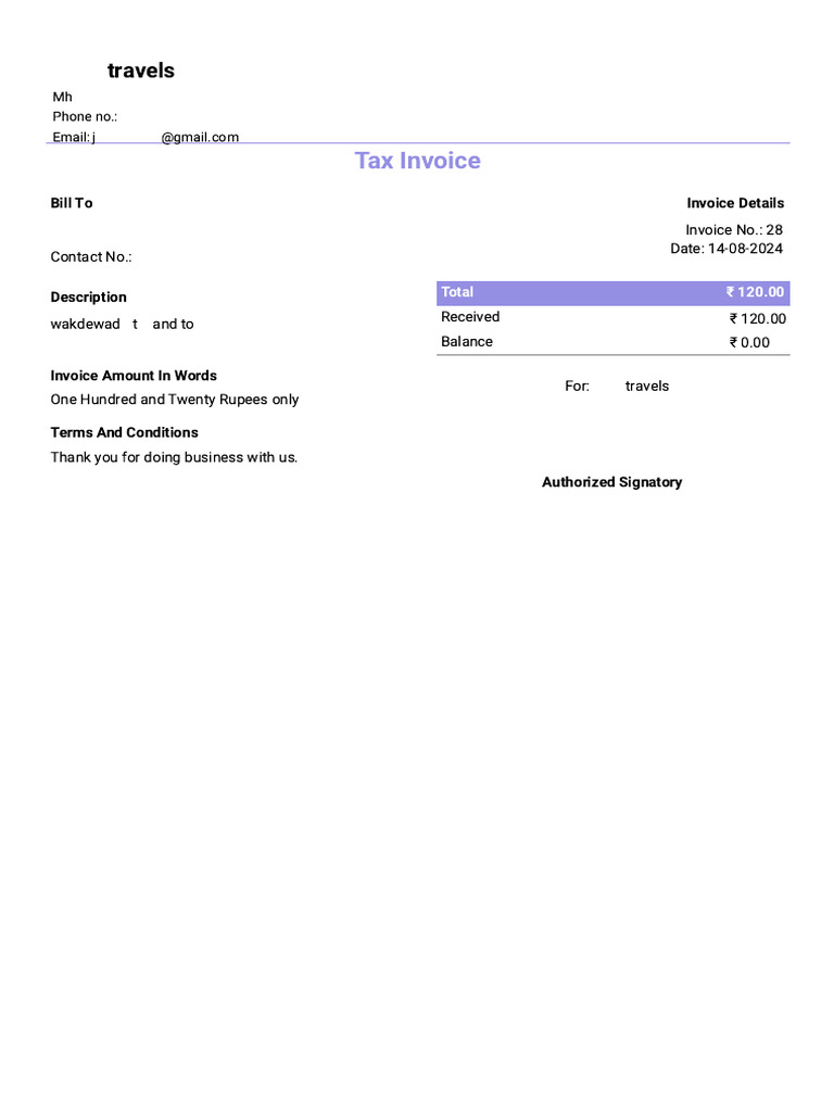 Goa Travel Invoice #28 - ₹120.00 | PDF