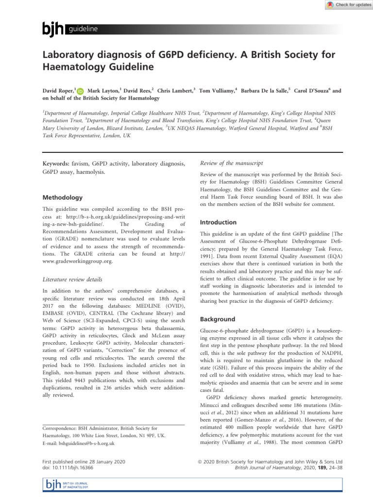 Laboratory Diagnosis of G6PD Deficiency A British Society For ...