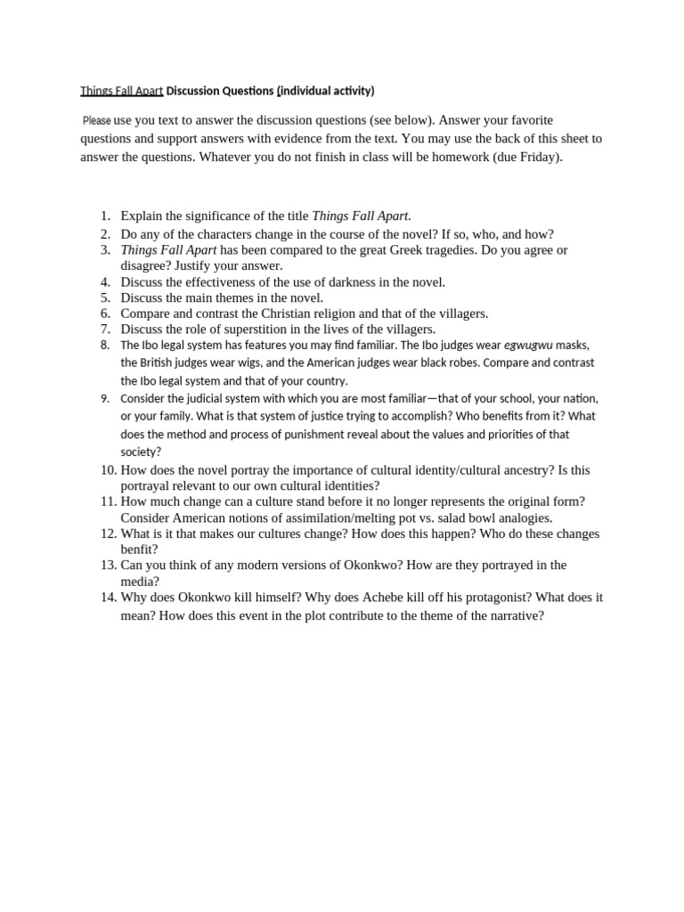 Discussion Questions For Things Fall Apart | PDF