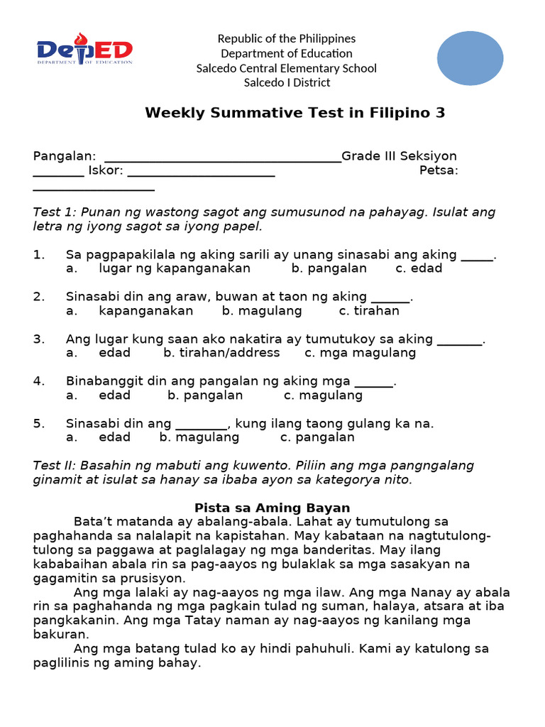 1 Summative Test Filipino | PDF