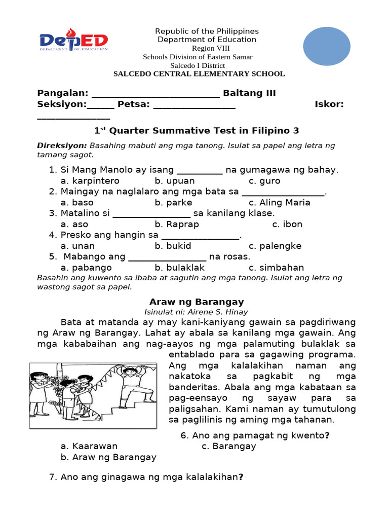 Q1 Summative Test Filipino 3 | PDF