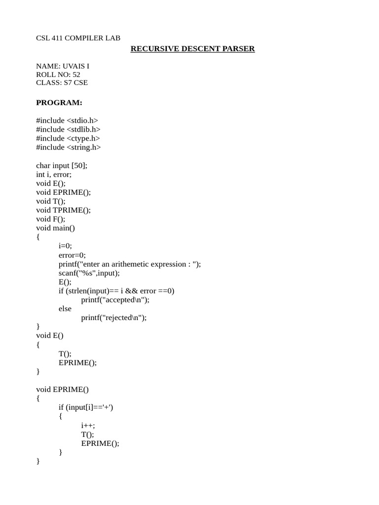 Recursive Descent Parser: CSL 411 Compiler Lab | PDF