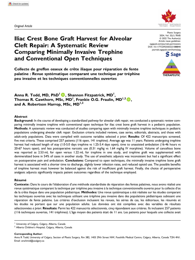 Todd Et Al 2022 Iliac Crest Bone Graft Harvest For Alveolar Cleft ...