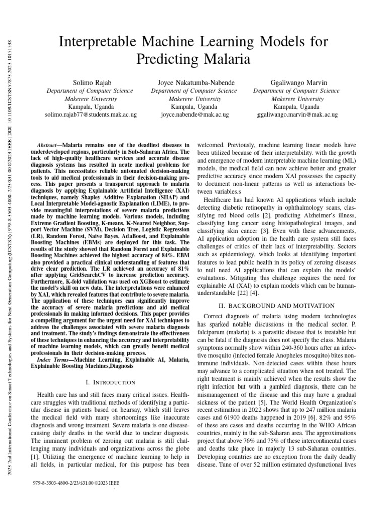 Interpretable Machine Learning Models For Predicting Malaria | PDF ...