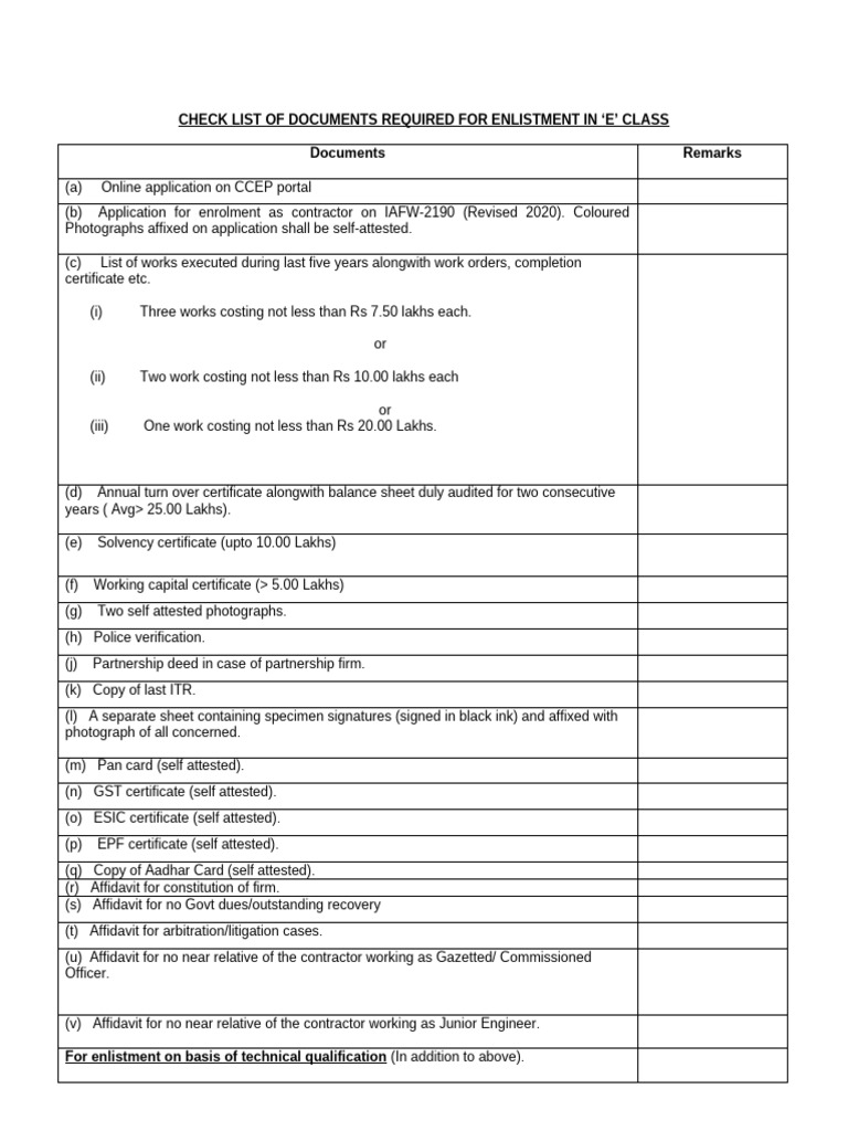 Check List of Documents Required For Enlistment in | PDF