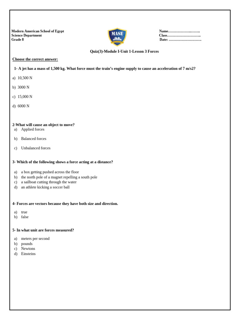 Quiz 3-Unit 1-Lesson 3 - Forces | PDF | Force | Newton's Laws Of Motion