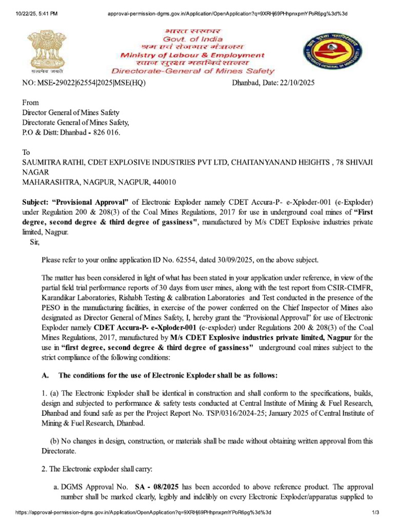 Dgms Approval Swati | PDF