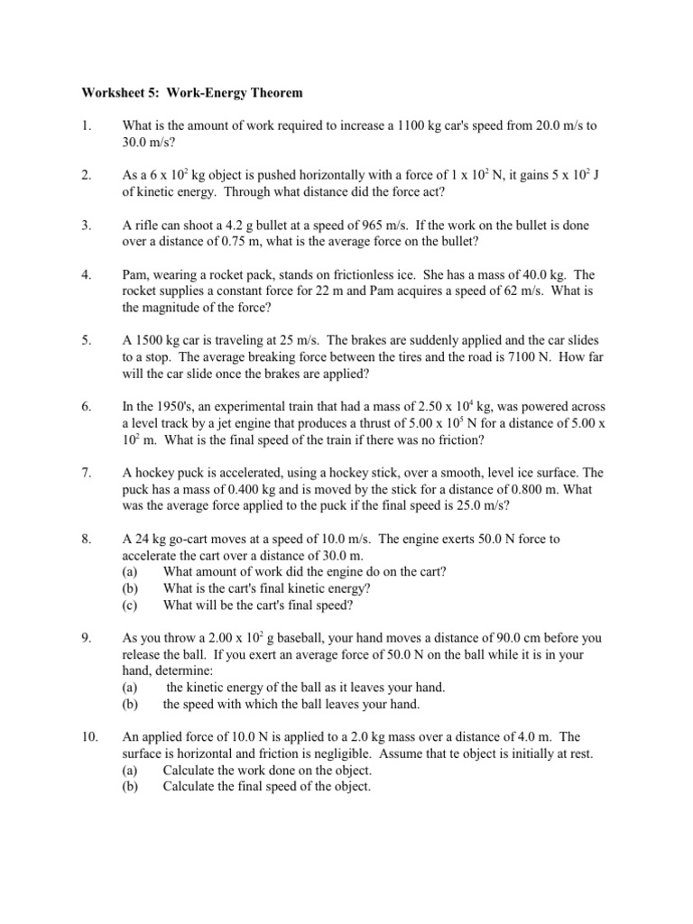 Work-Energy Theorem Worksheet Exercises | PDF | Force | Kinetic Energy