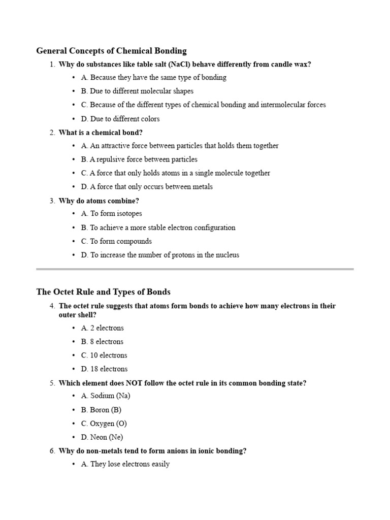 Chemistry G 11 Unit 2 Practice Questions | PDF | Chemical Bond | Molecular Orbital